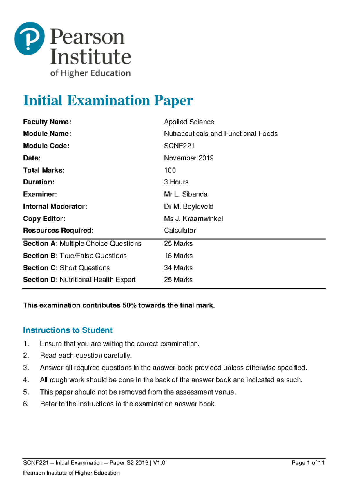 SCNF221 - Initial Exam Paper S2 2019 - Nutraceuticals & Functional ...