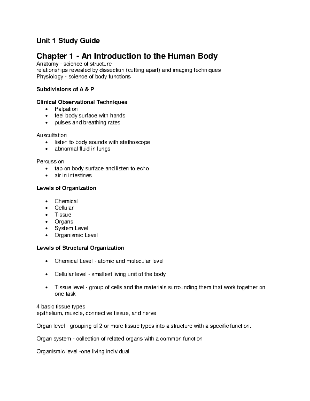 Unit 1 Study Guide: Intro to Human Body Anatomy & Physiology - Studocu