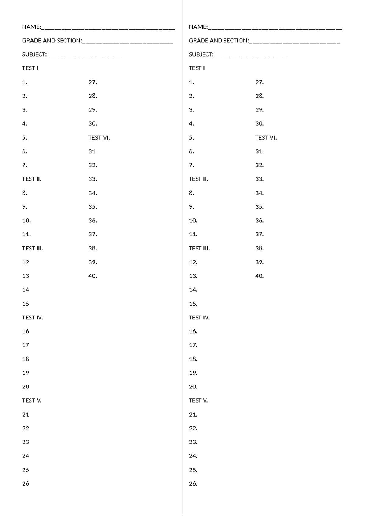 GRADE AND TEST I-V ANSWER SHEET - Studocu