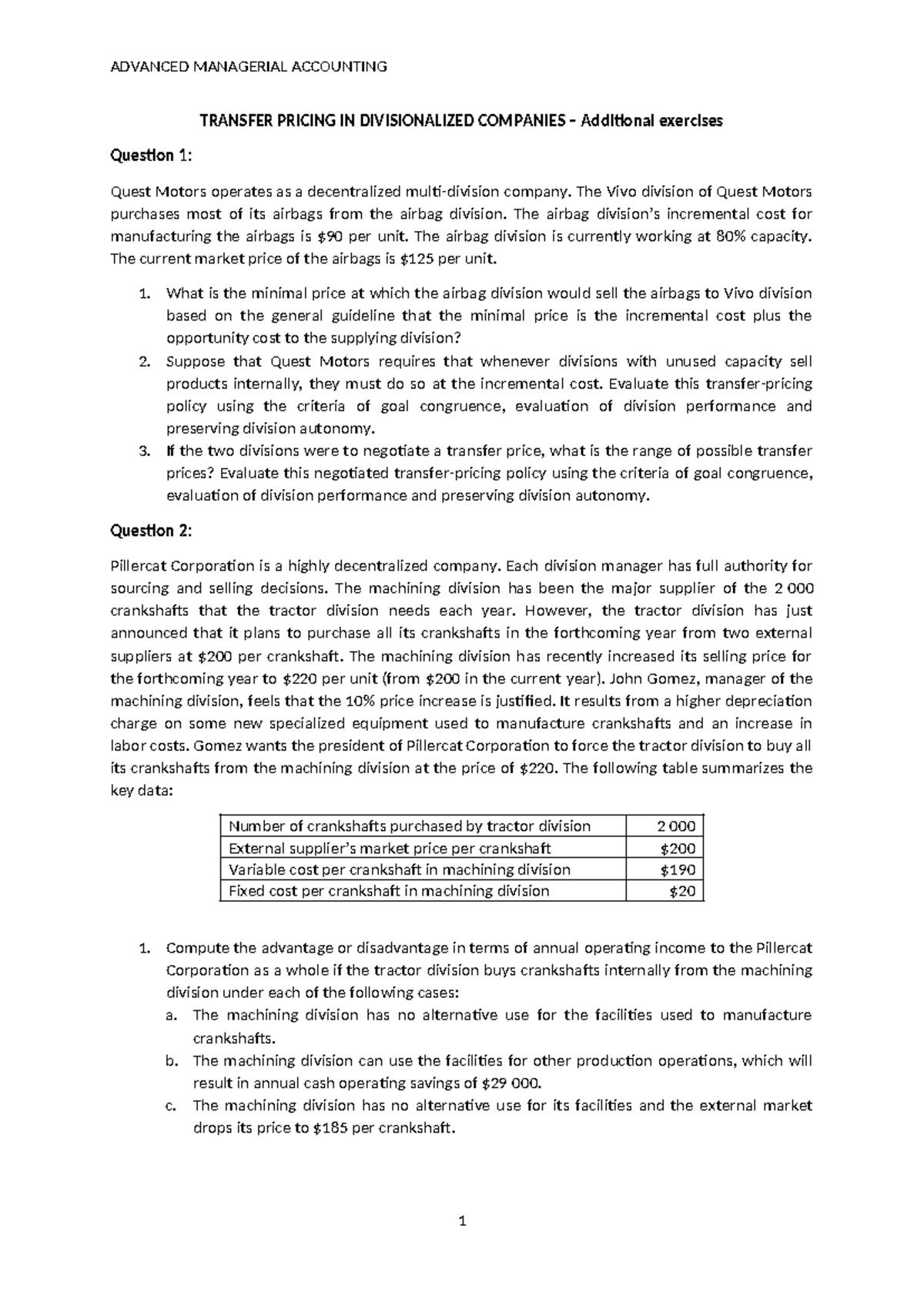 Transfer Pricing Analysis - Fall 2025 with Solutions - Studocu