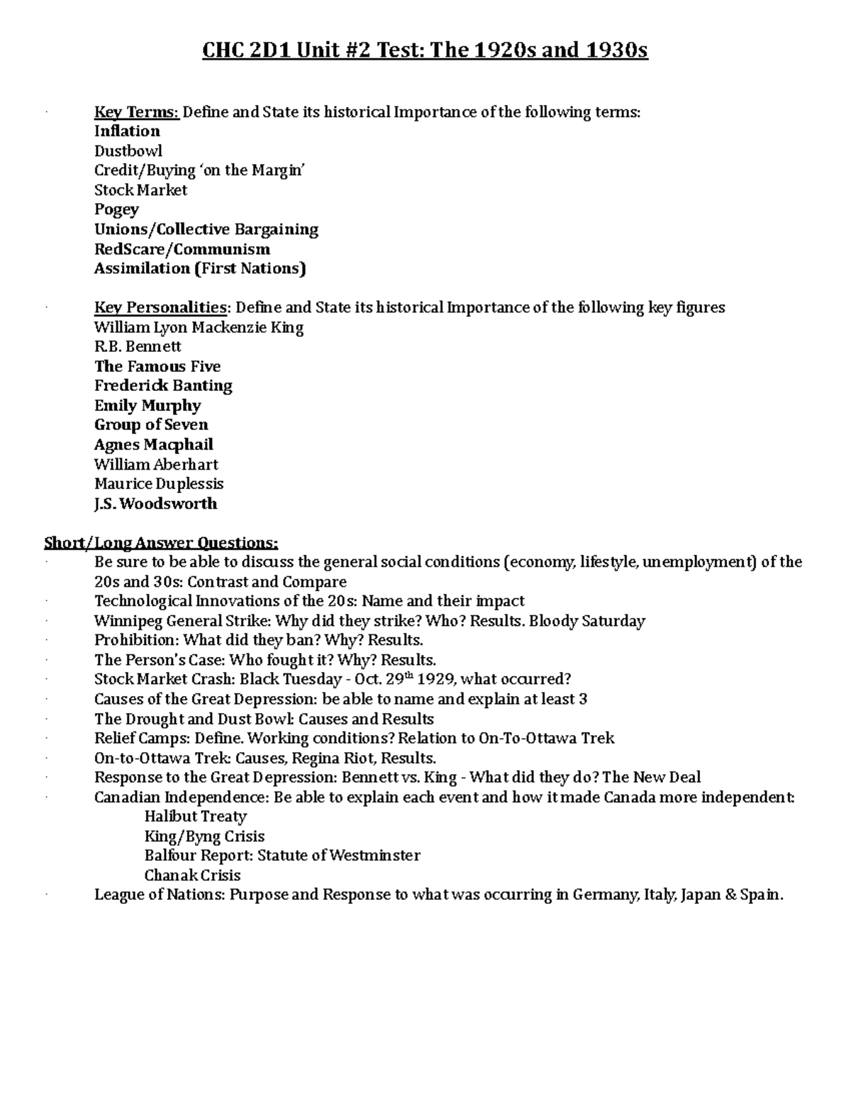 CHC 2D1 Unit Test Review: Key Terms and Historical Significance of the ...