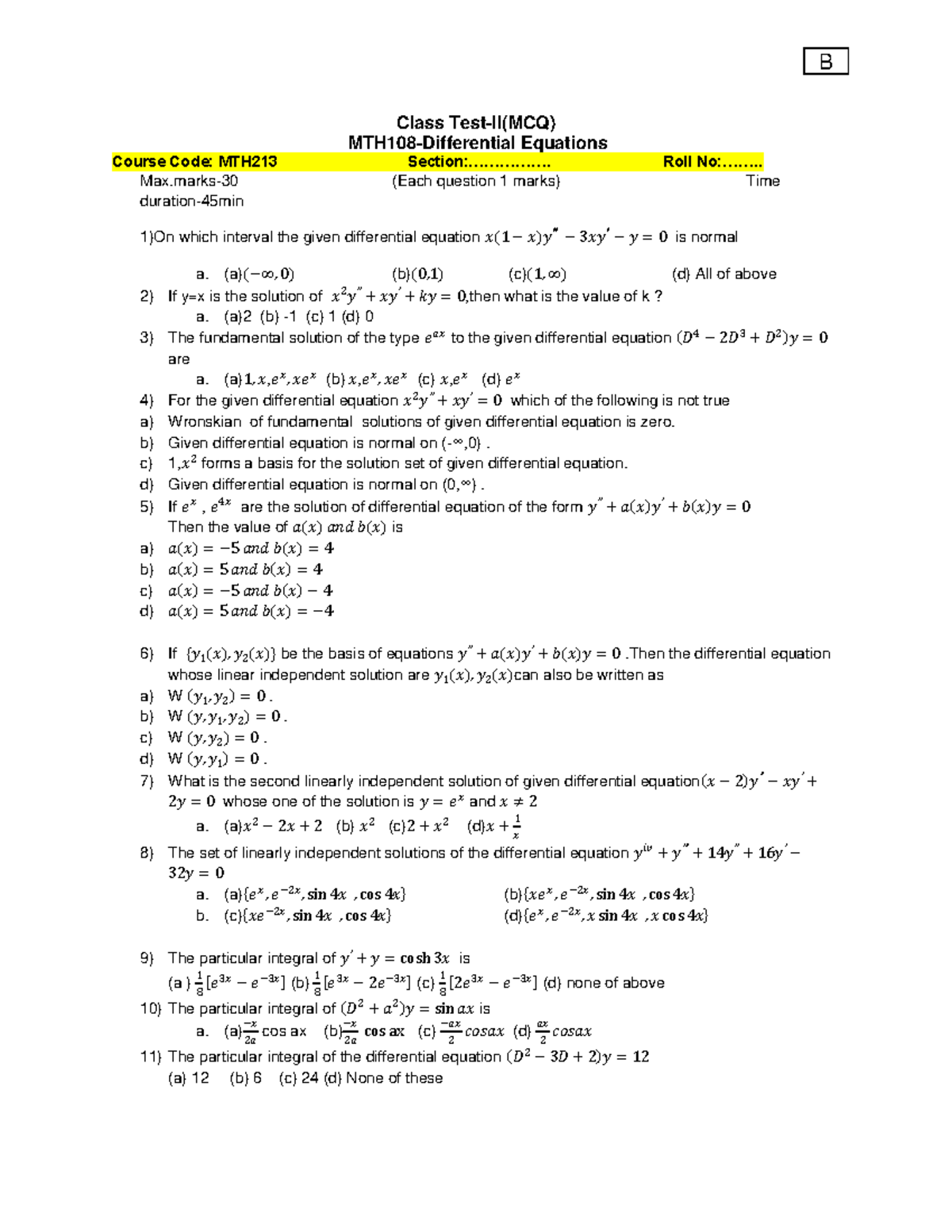 MTH213 Differential Equations Quiz - Set B Solutions - Studocu