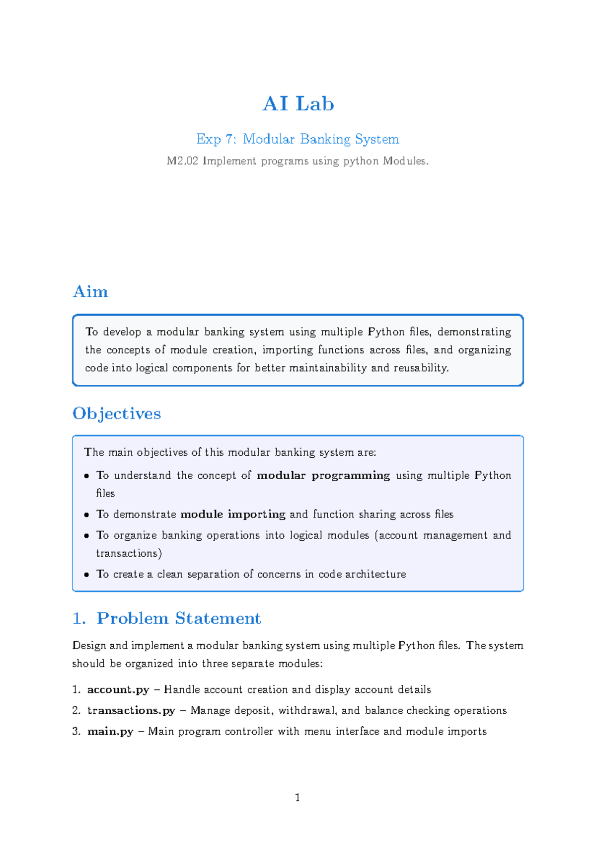 AI Lab Exp 7: Modular Banking System Implementation in Python - Studocu