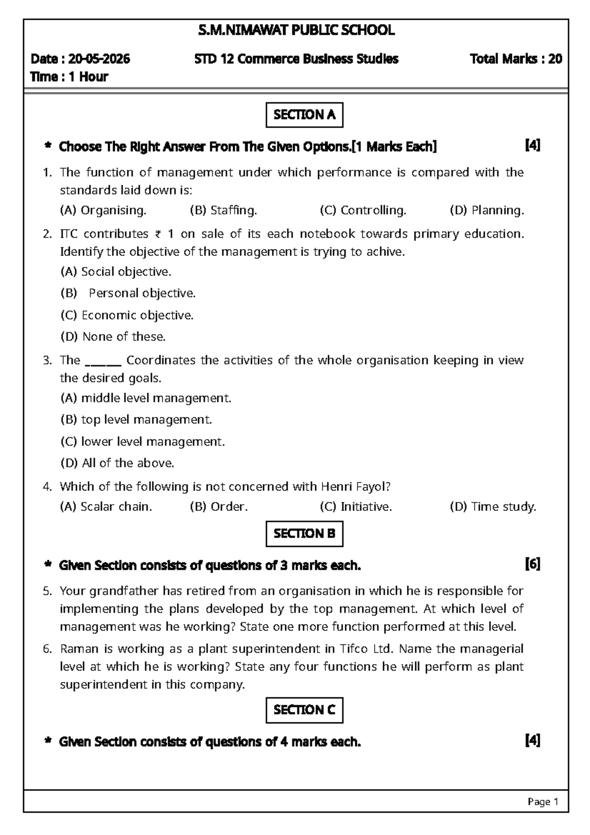Business Studies Quiz - STD 12 Commerce - S.M. Nimawat Public School ...