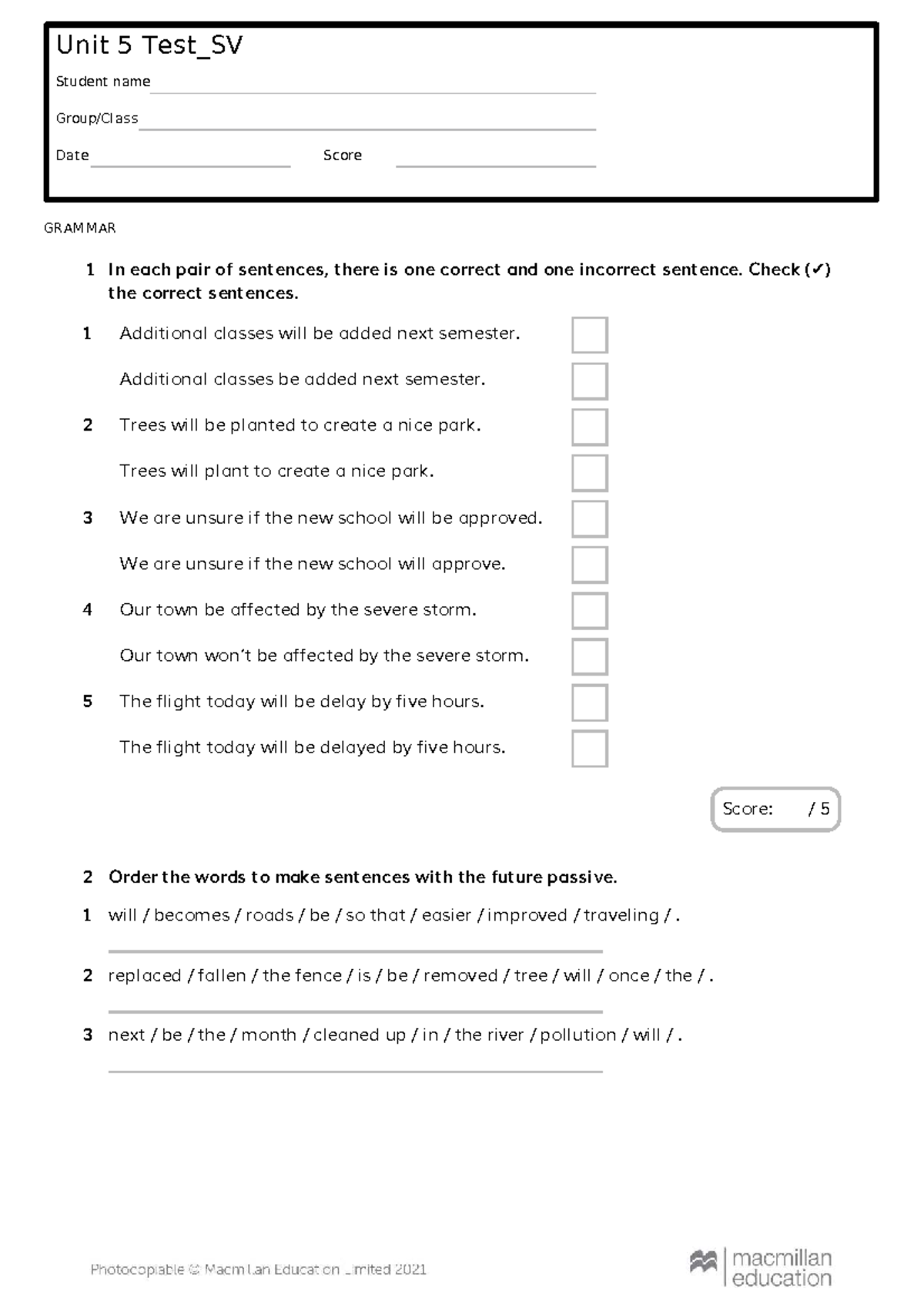Unit 5 Test - Grammar & Vocabulary Review for SV Students - Studocu