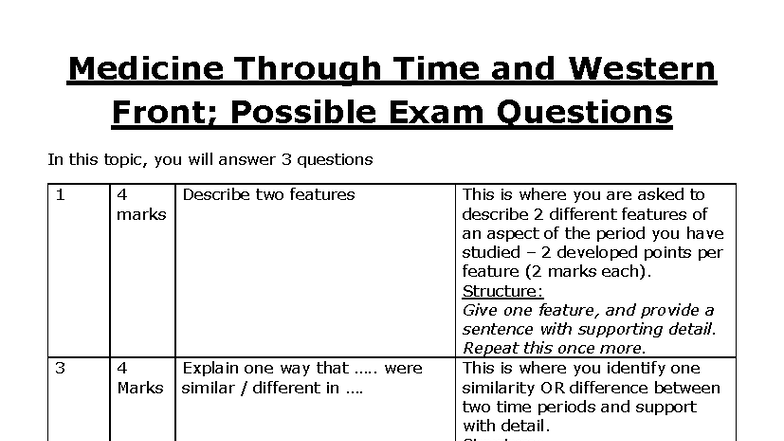 Medicine Through Time: Possible Exam Questions (8F2EE607) - Studocu