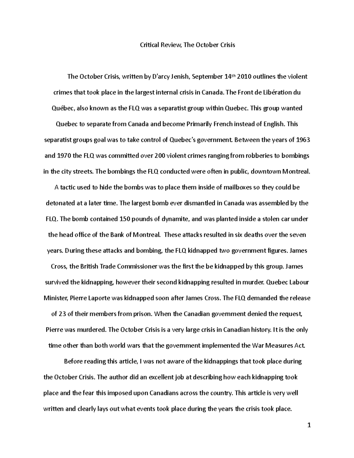 October Crisis Essay: Analysis and Insights on FLQ Actions - Studocu