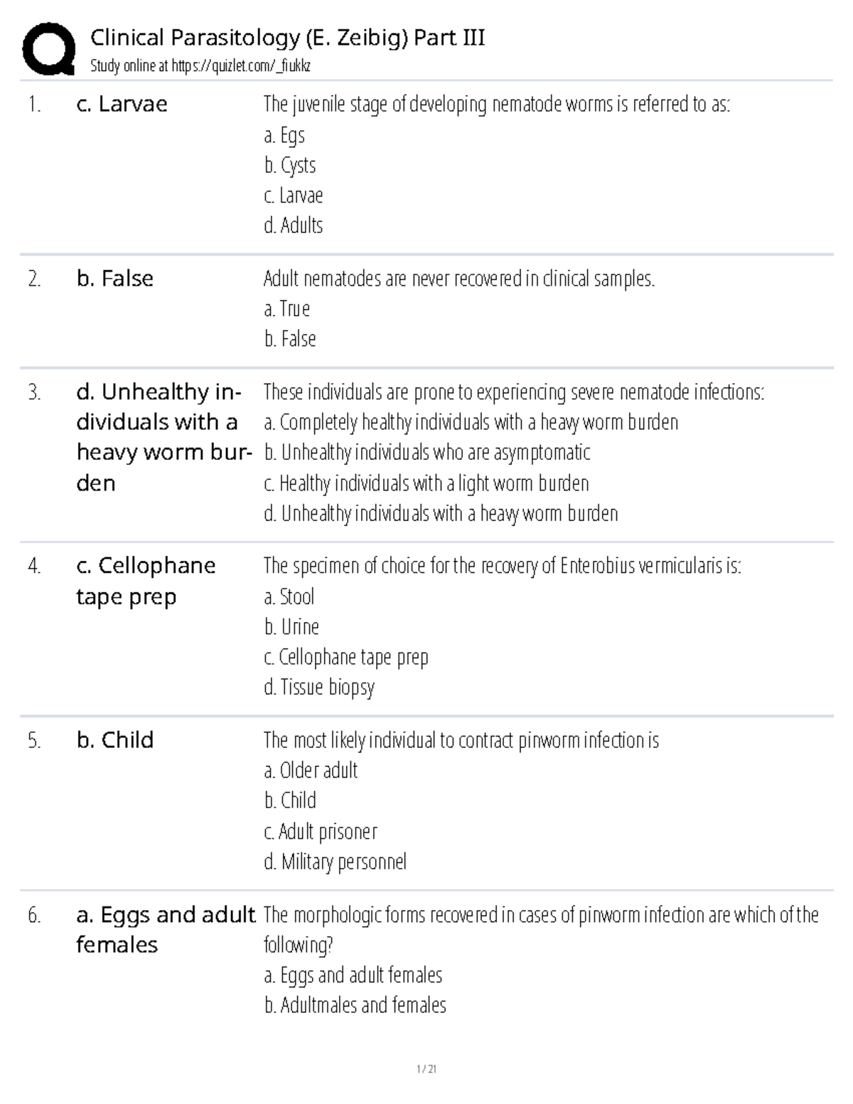 Clinical Parasitology (E. Zeibig) Study Guide: Nematodes & Trematodes ...
