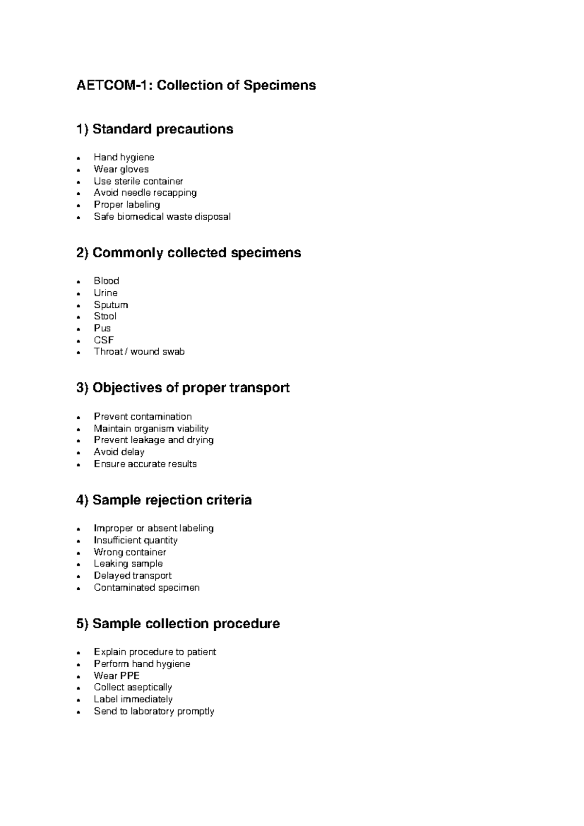 Aetcom MBBS Points - Specimen Collection & Safety Procedures - Studocu