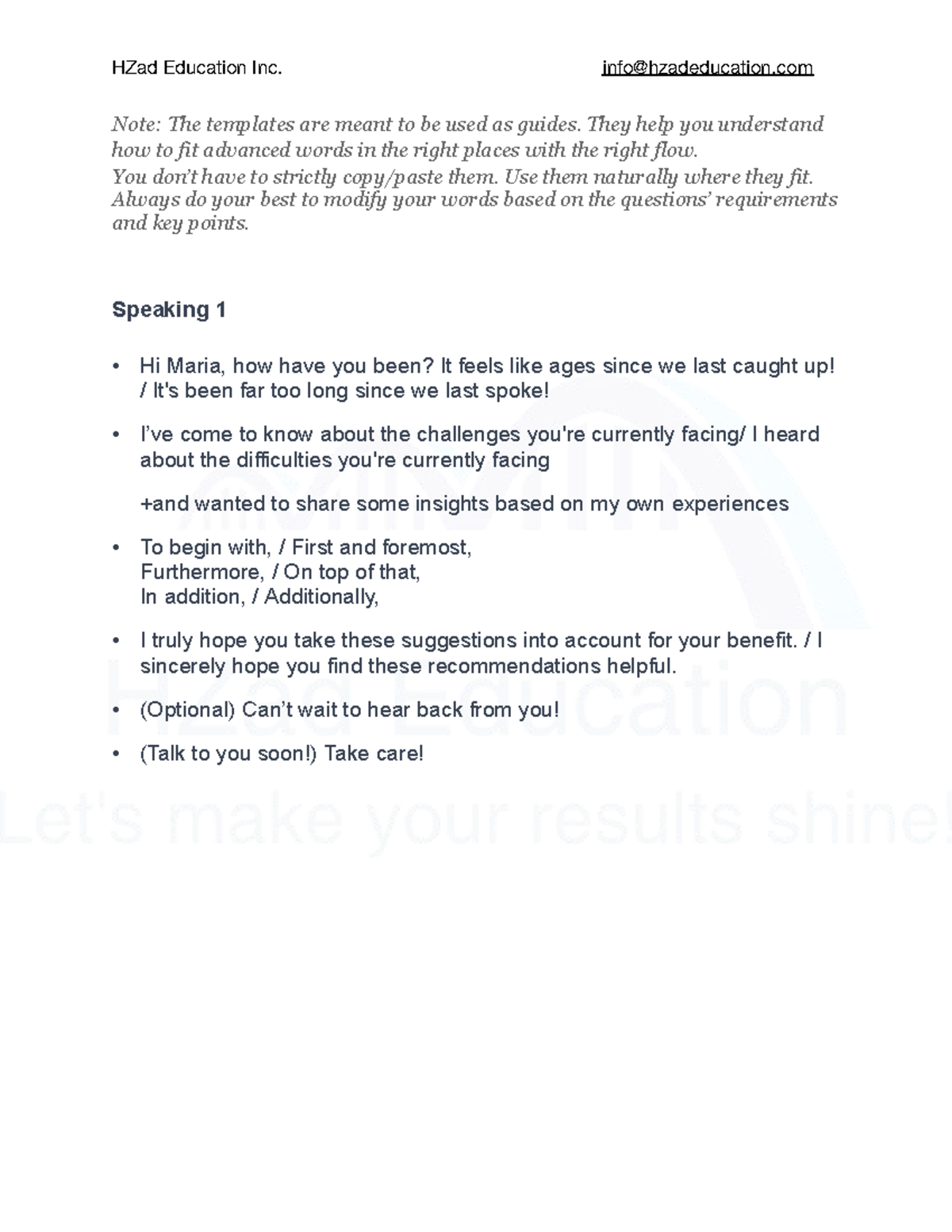 HZad Education Speaking Templates: Advanced Communication Guide - Studocu