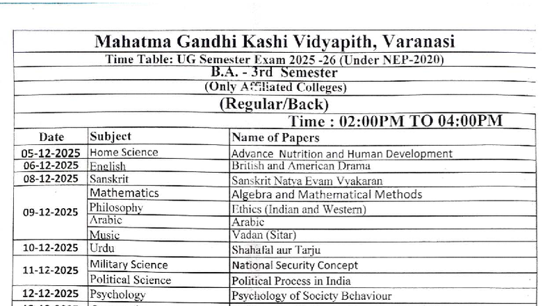 Time Table: B.A. (NEP) 3rd Sem Exam 2025-26 - Affiliated Colleges - Studocu