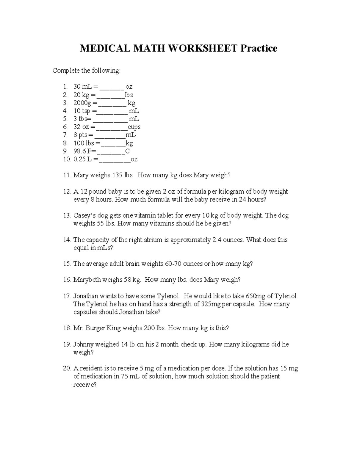 MEDICAL MATH WORKSHEET Practice-3: Conversion Exercises - Studocu