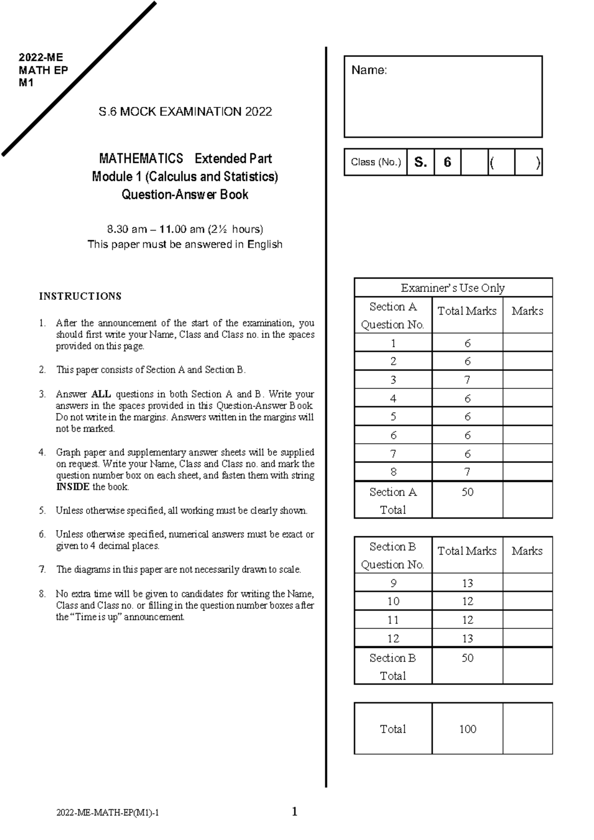 2122S6Math(M1) Mock Exam Q&A – HKDSE Extended Part F6 - Studocu