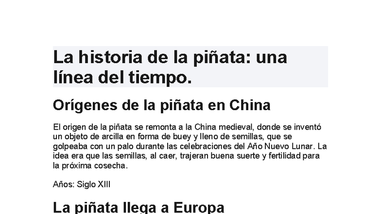 Historia de la Piñata: Línea del Tiempo y Orígenes - Studocu
