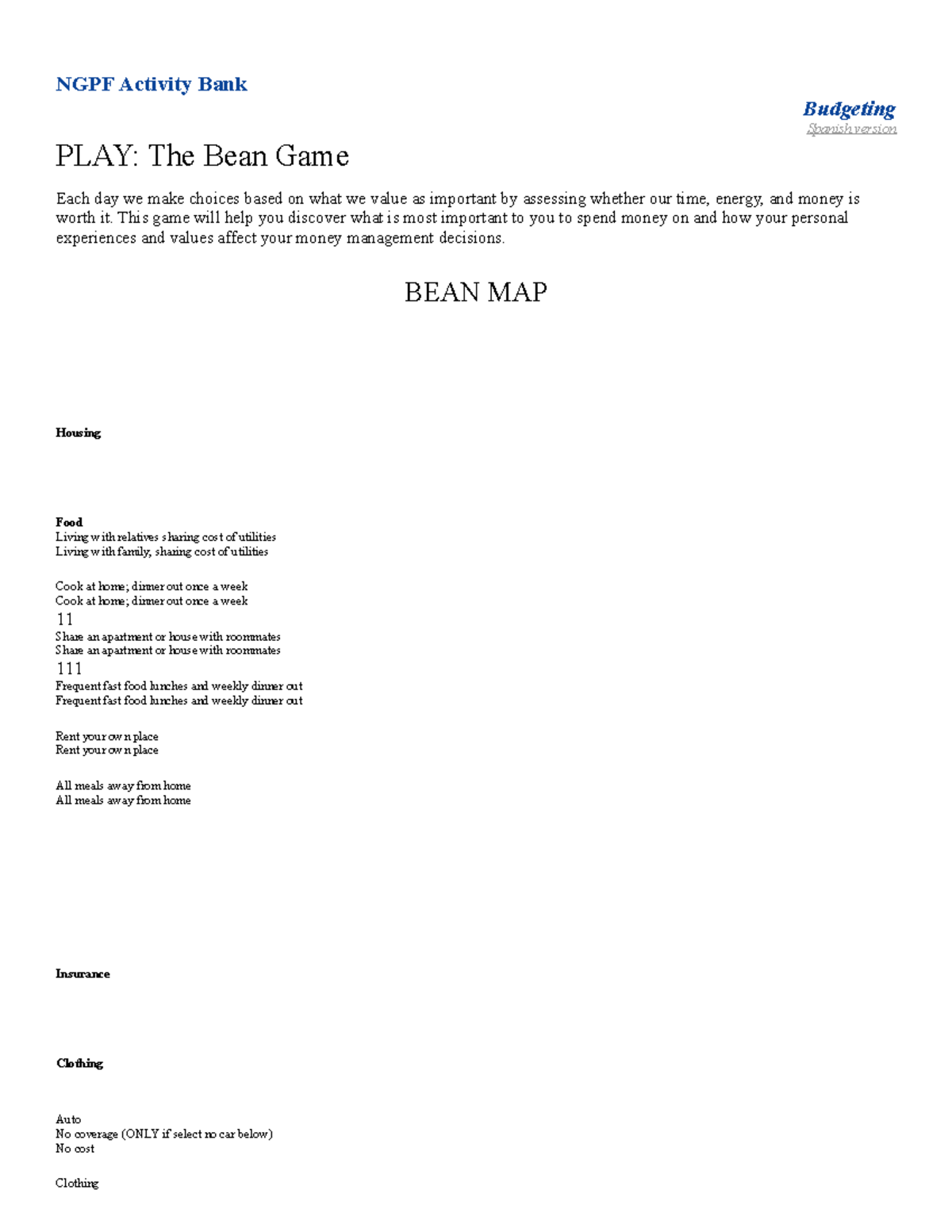 PLAY NGPF Bean Game - Budgeting Worksheet for Values Exploration - Studocu
