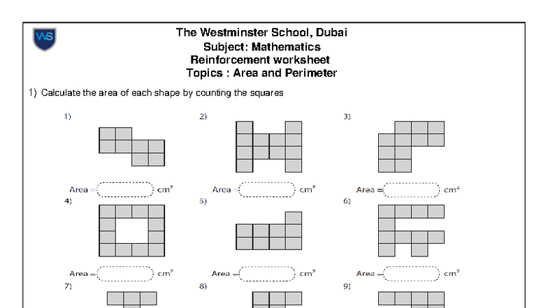 Mathematics Reinforcement Worksheet: Area & Perimeter - WSD - Studocu