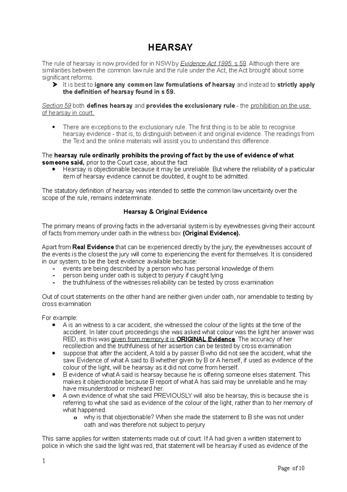 Hearsay - HEARSAY The rule of hearsay is now provided for in NSW by ...