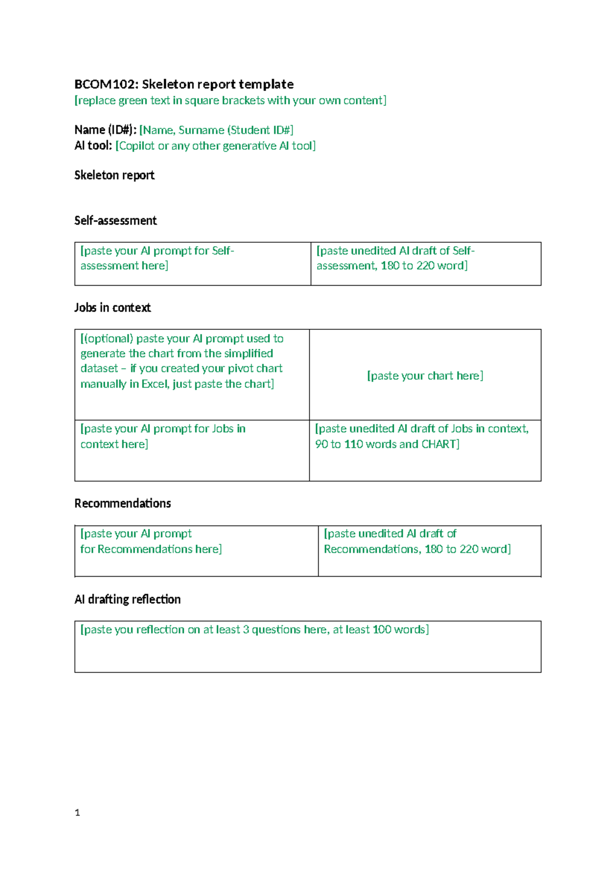 BCOM102: A4 Skeleton Report Template for Self-Assessment and ...