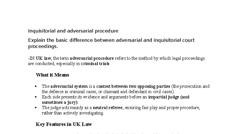 UK Law: Adversarial vs. Inquisitorial Procedures - Chapter 1 Q&A - Studocu