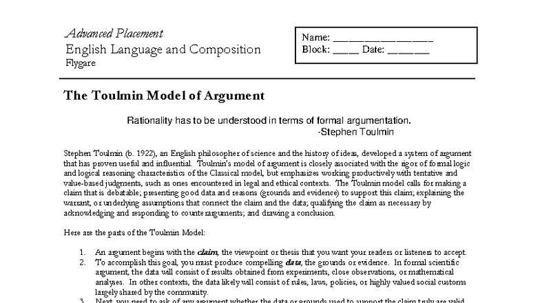 Toulmin Model of Argument: AP English Language Guide - Studocu