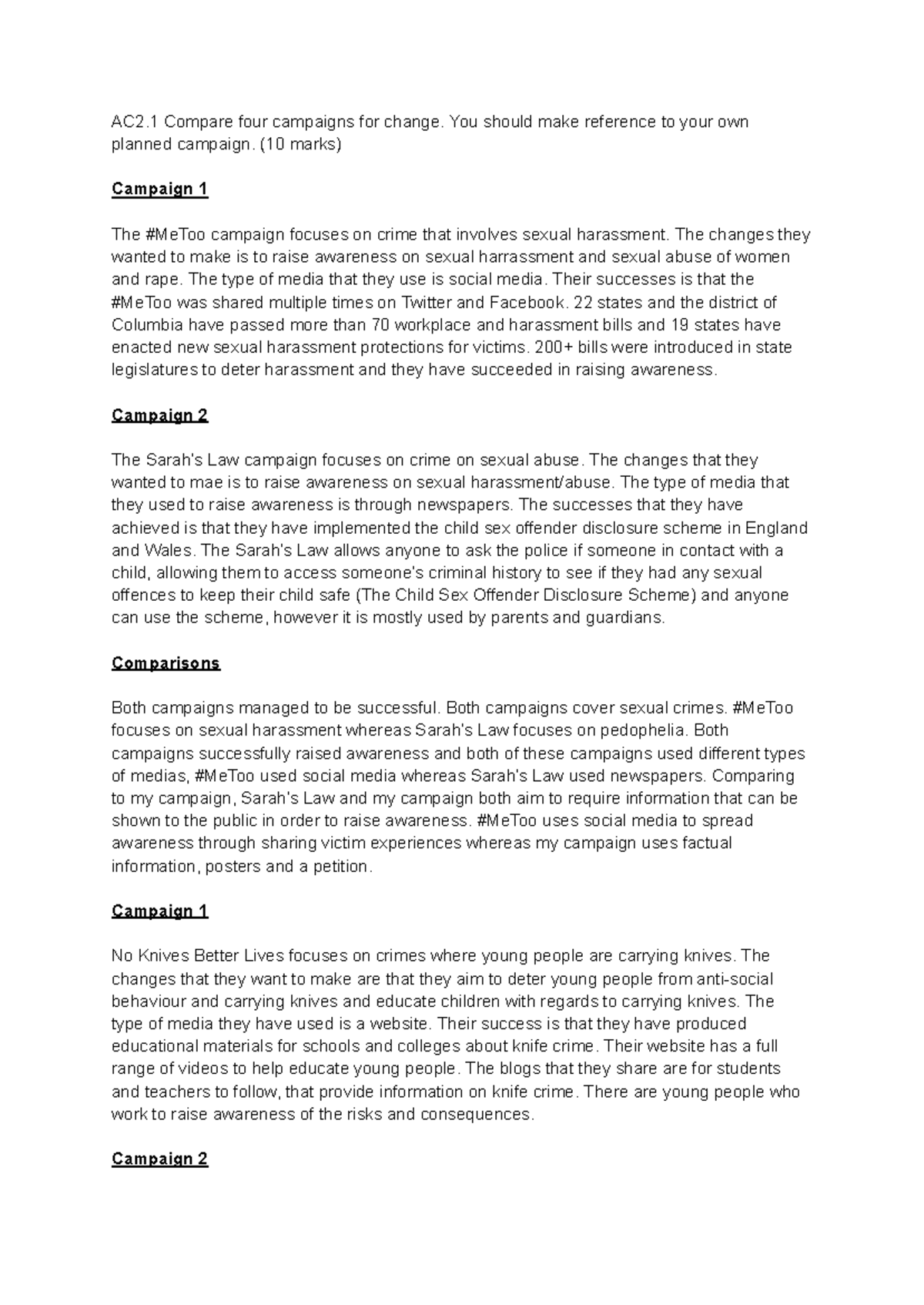 Campaign Comparisons: Change Initiatives Overview - AC2.1 Analysis ...