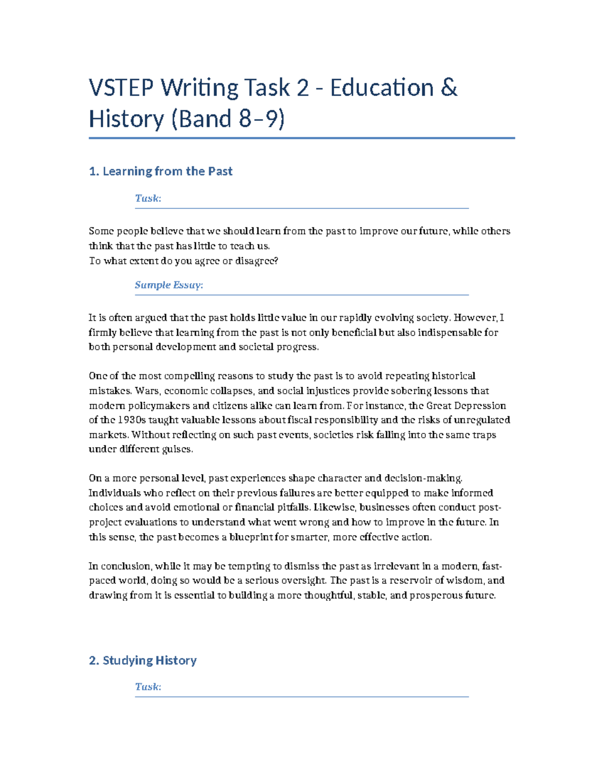 VSTEP Writing Task 2: Education History Insights (Band 8-9) - Studocu