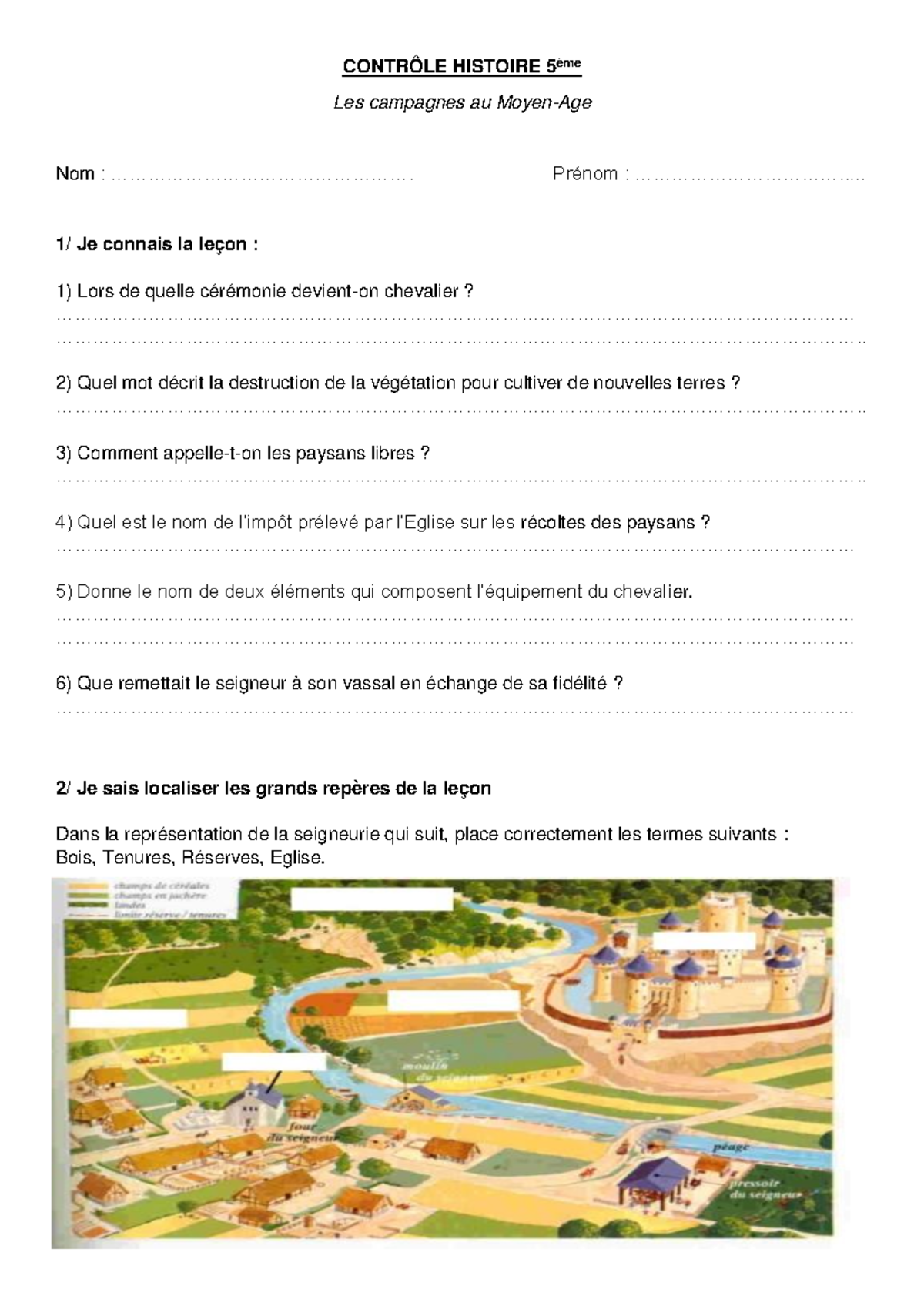 Contrôle Histoire 5ème : Les Campagnes au Moyen-Age - Studocu