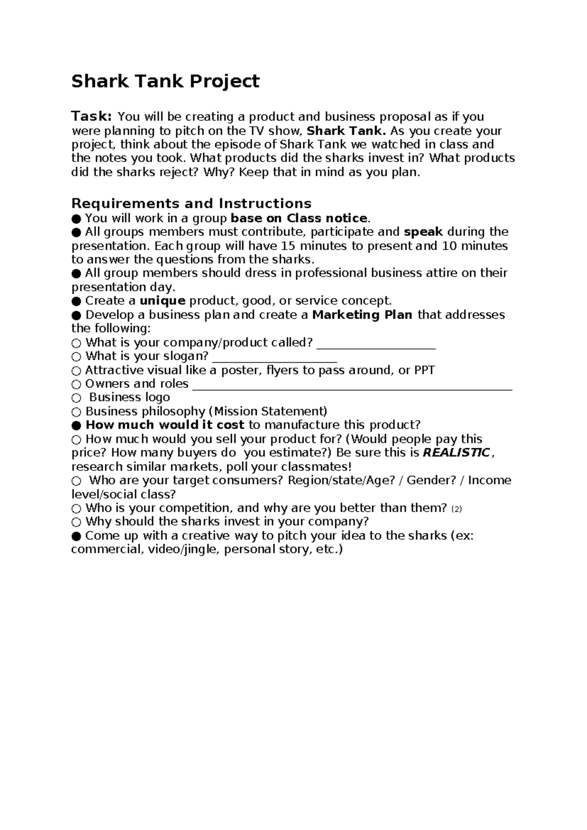 Shark-Tank-Project - so damn - Shark Tank Project Task: You will be ...