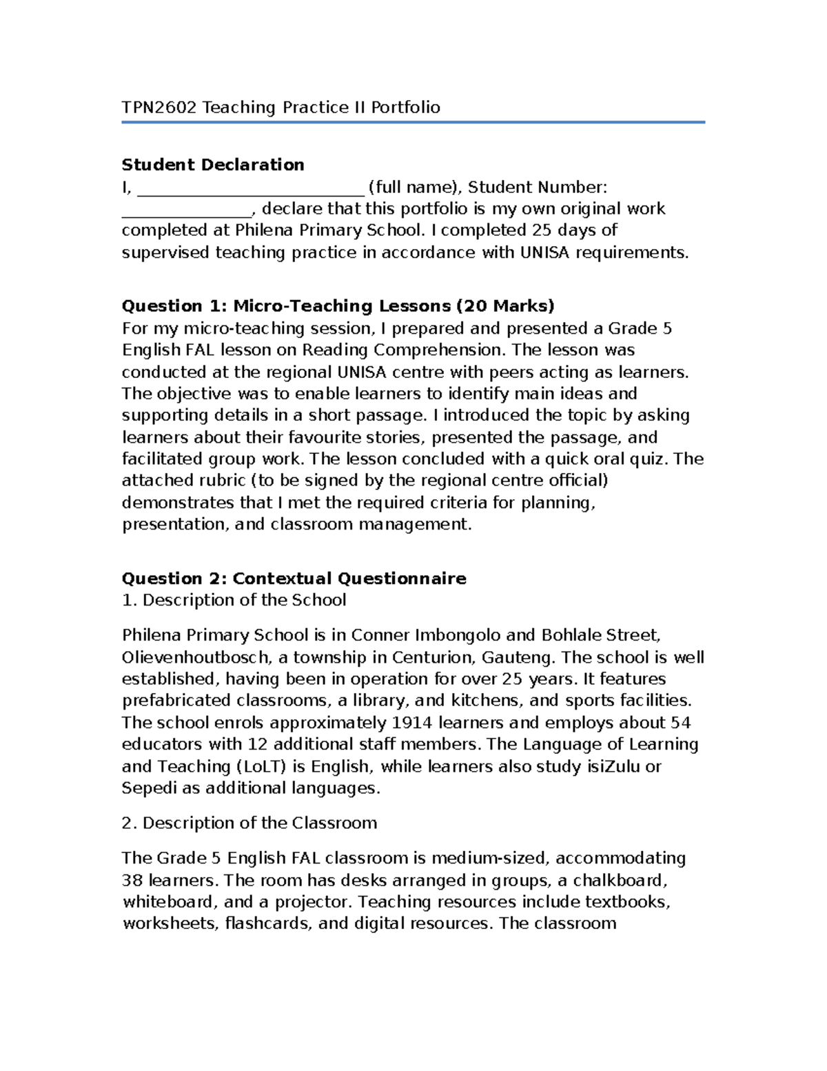 TPN2602 Teaching Practice II Portfolio: Reflections and Lesson Plans ...