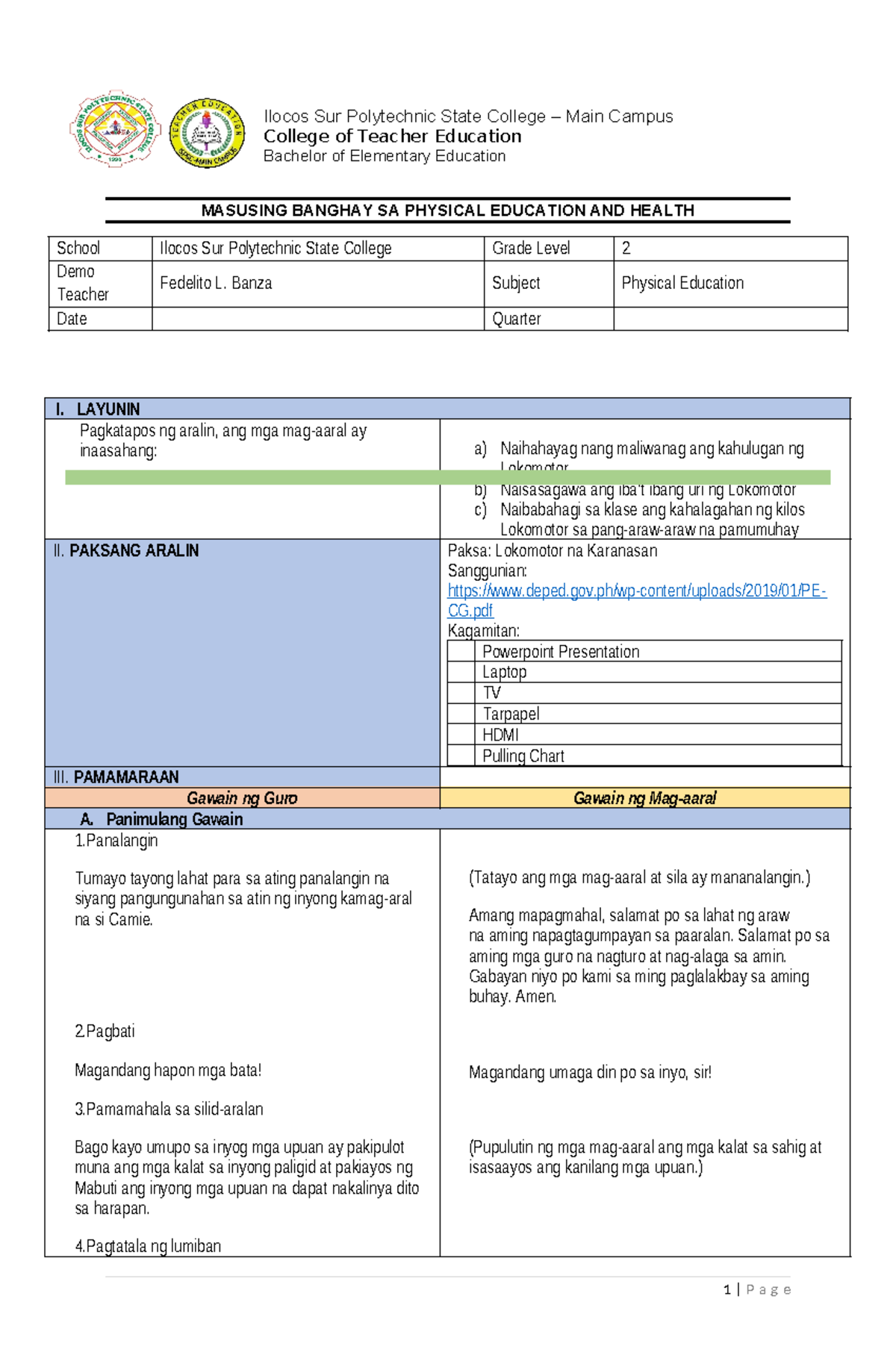 DLP-in-PE - Lesson plan - Ilocos Sur Polytechnic State College – Main ...