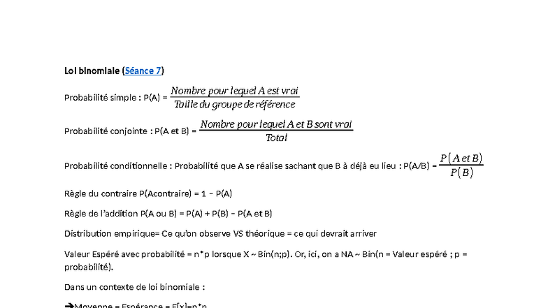 Loi Binomiale et Normale : Cheat Sheet (Séances 7-12) - Studocu