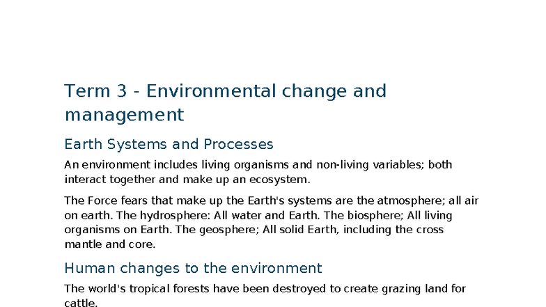 Geography Notes: Term 3 Environmental Change & Management - Studocu