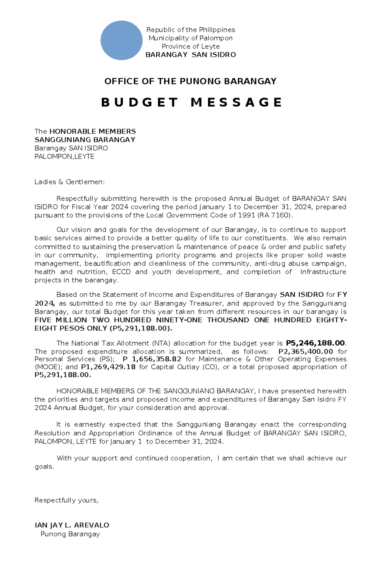 Barangay San Isidro FY 2024 Annual Budget Message for Approval - Studocu