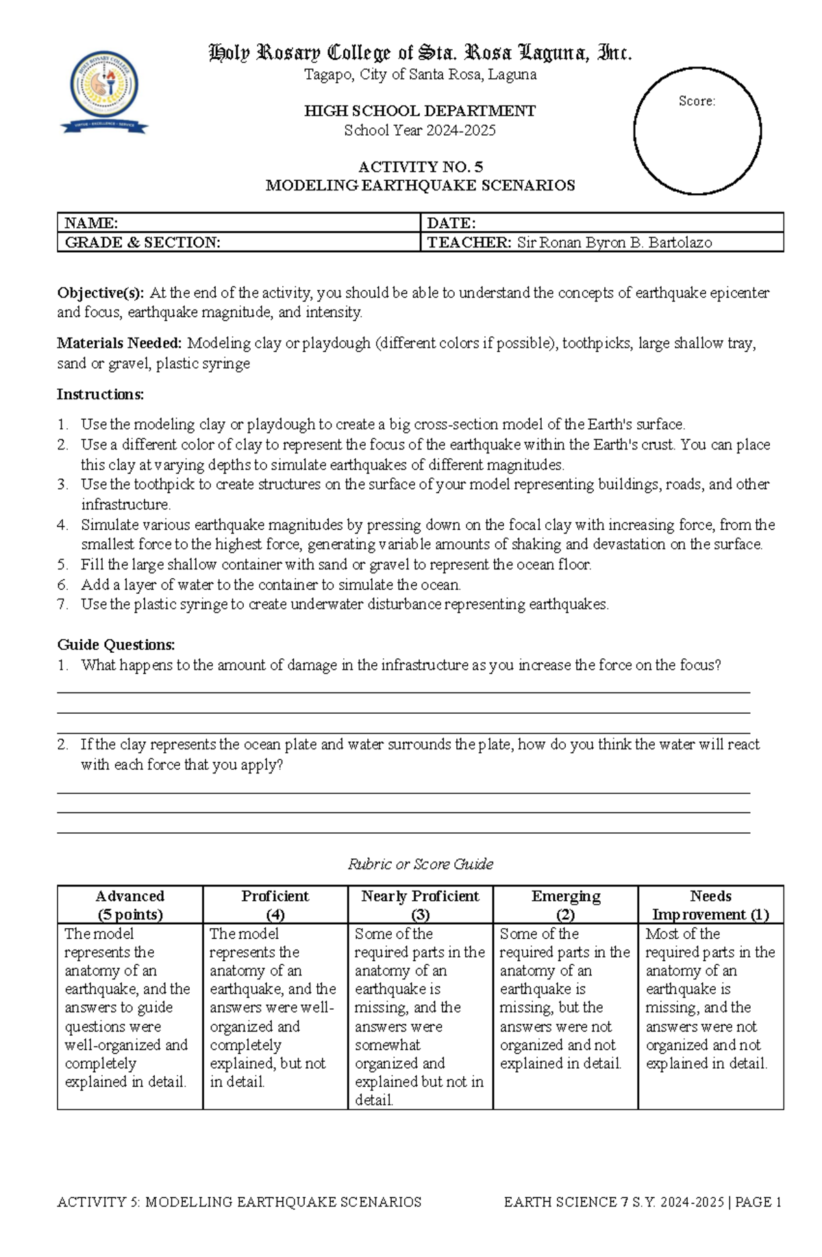 Activity 5: Earthquake Scenario Modeling for Earth Science 7 - Studocu