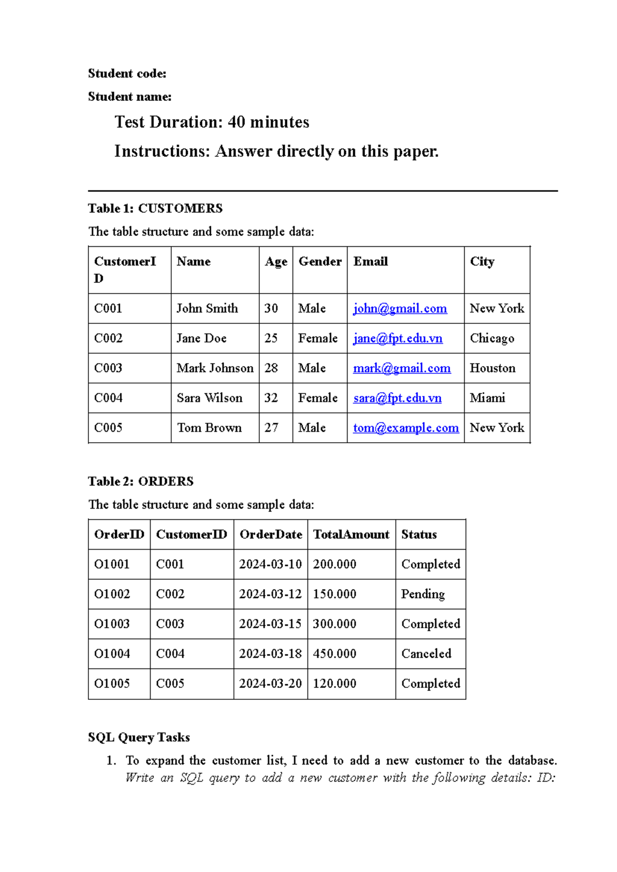 LAB 2 - SQL - Student code: Student name: ⏳ Test Duration: 40 minutes 📝 ...
