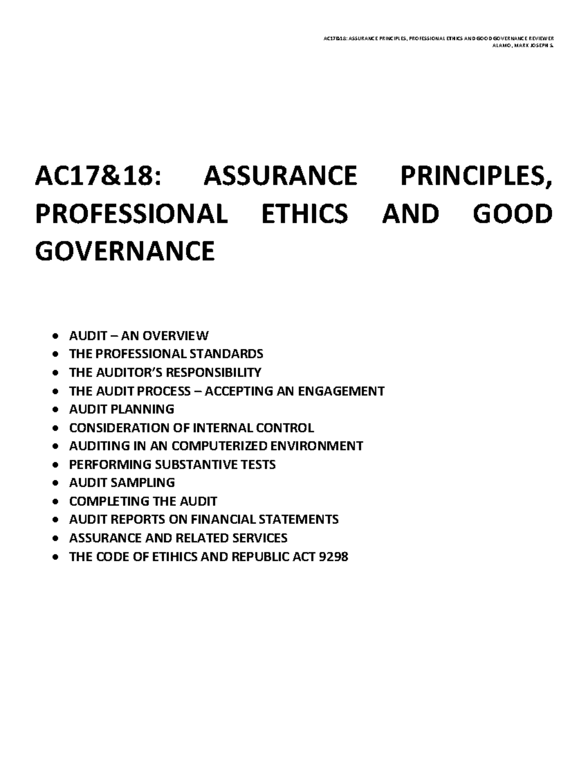 ASSURANCE PRINCIPLES, PROFESSIONAL ETHICS AND GOOD GOVERNANCE REVIEWER ...