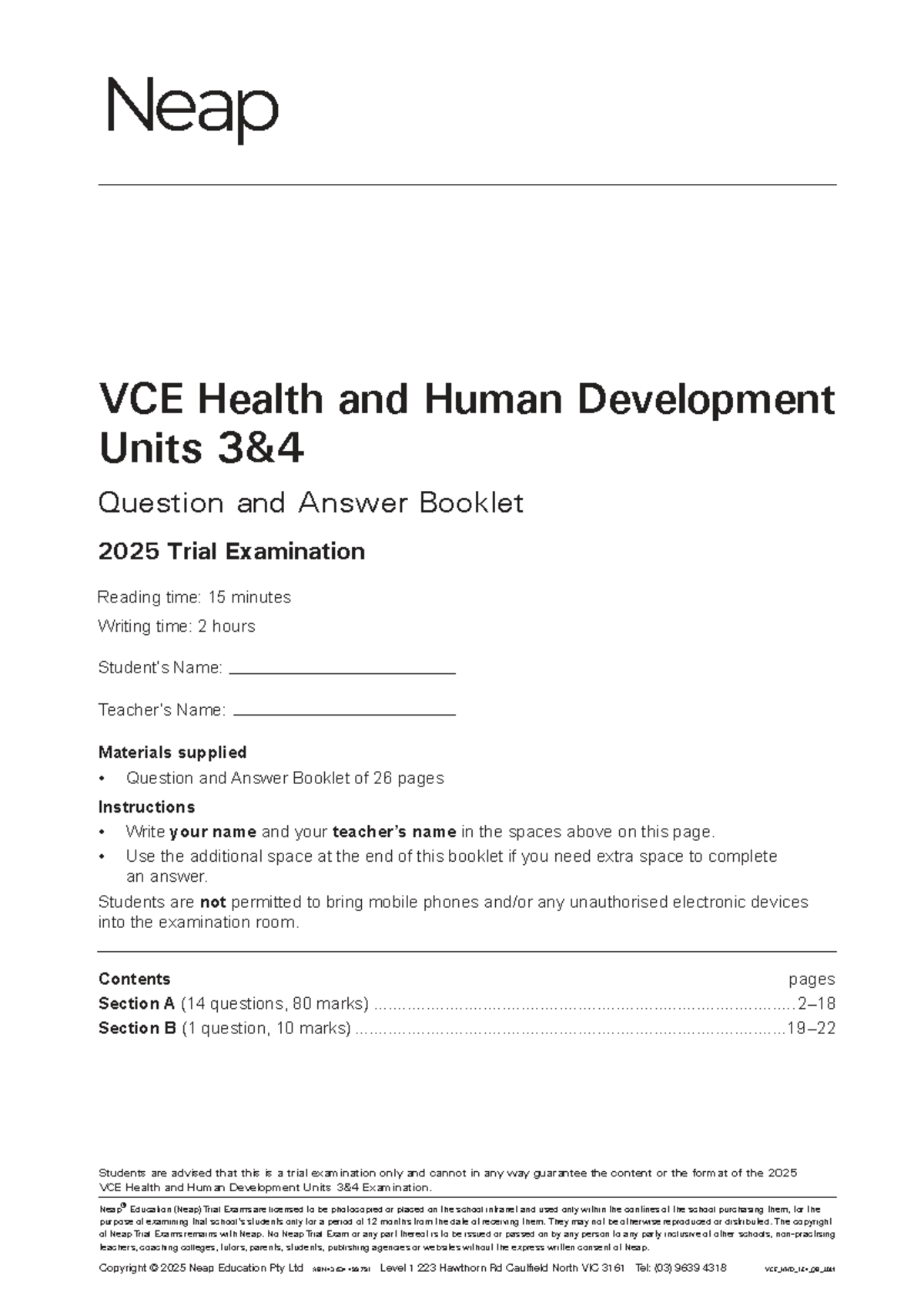 NEAP VCE Health and Human Development Units 3 & 4 Trial Exam Q&A 2025 ...