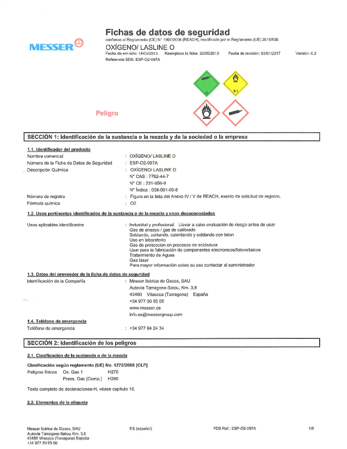 03 - Oxigeno - MSDS - Fichas de datos de seguridad conforme al Reglamento (CE) (REACH ...