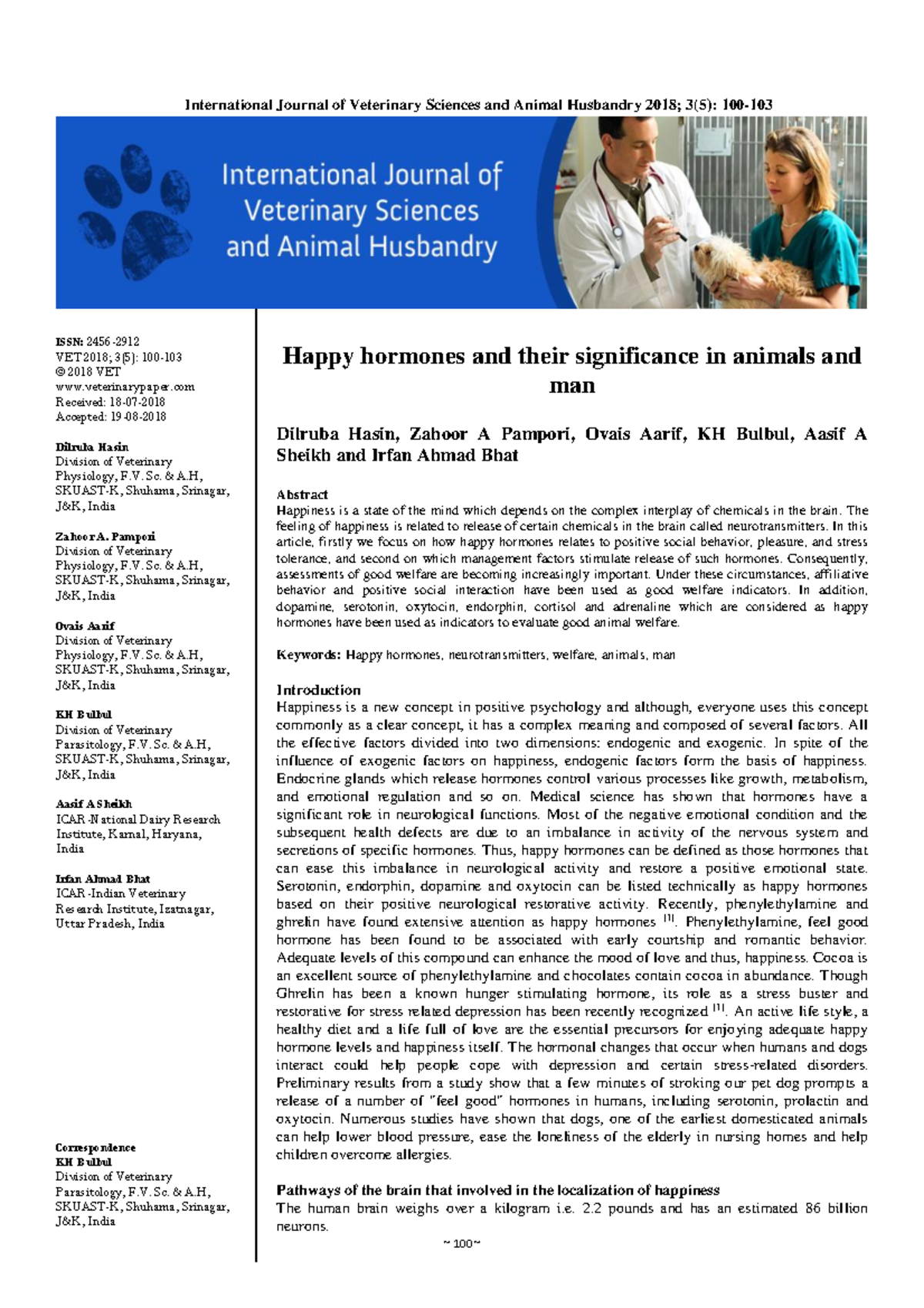 Happy Hormones and Their Impact on Animal Welfare (VET 3(5)) - Studocu
