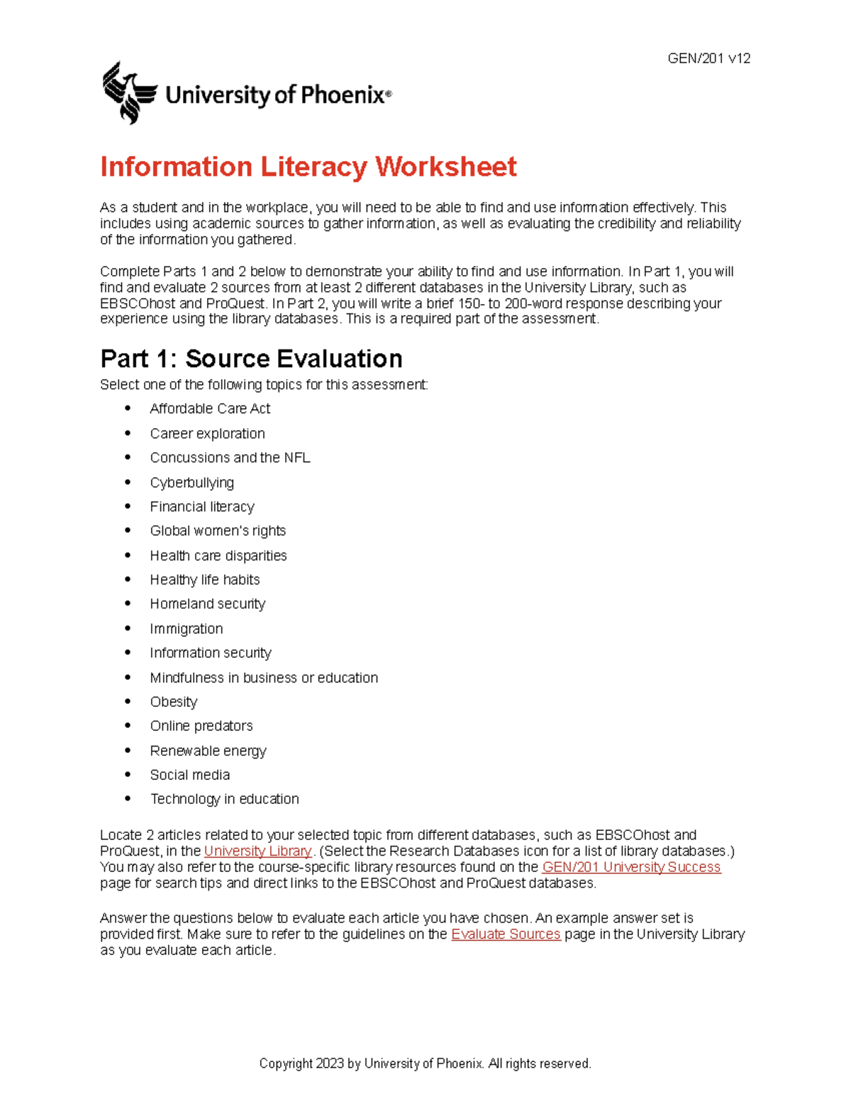 GEN/201 Information Literacy Worksheet: Source Evaluation Guide - Studocu