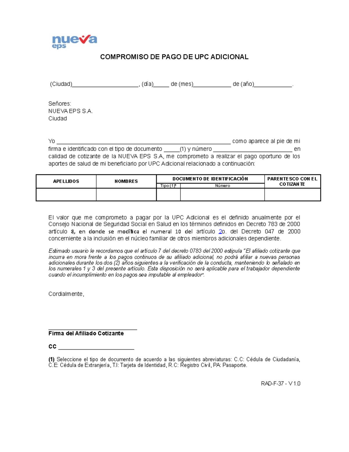 Formato compromiso de pago UPC adicional - COMPROMISO DE PAGO DE UPC ADICIONAL (Ciudad), (día ...