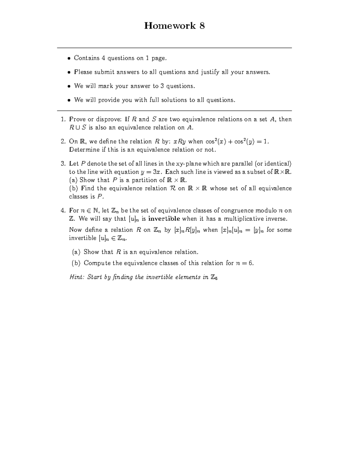 Homework 8: Exploring Equivalence Relations and Their Properties - Studocu