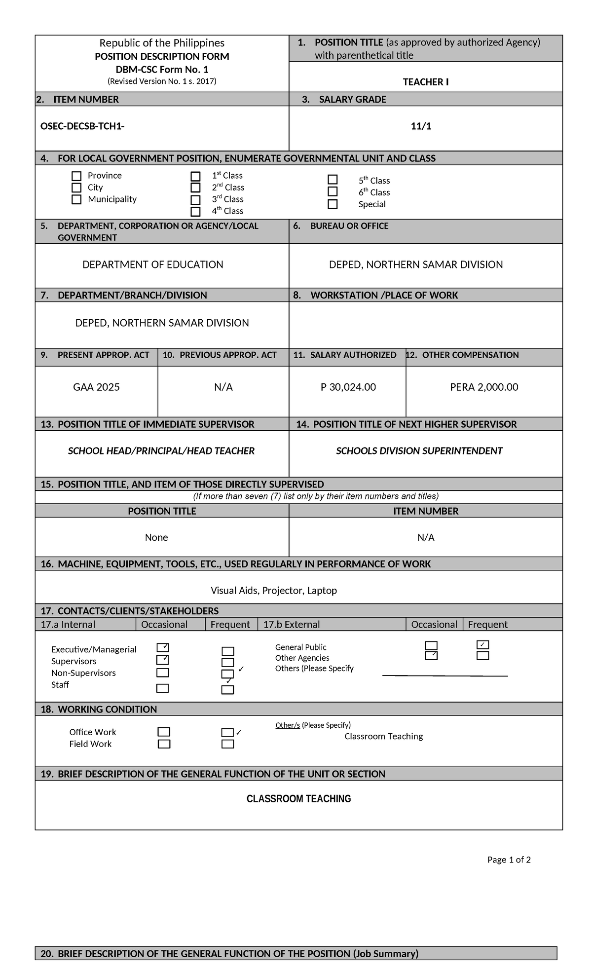 Position Description T1: Teacher I - Senior High School Acad. - Studocu