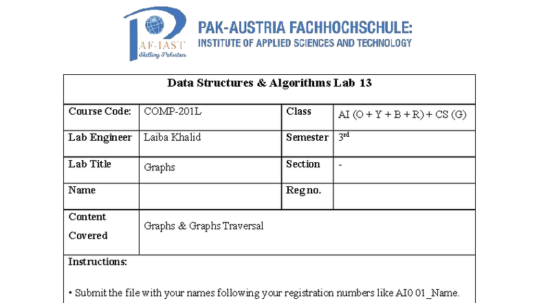 Lab 13: Graphs - Data Structures & Algorithms Lab Report - Studocu