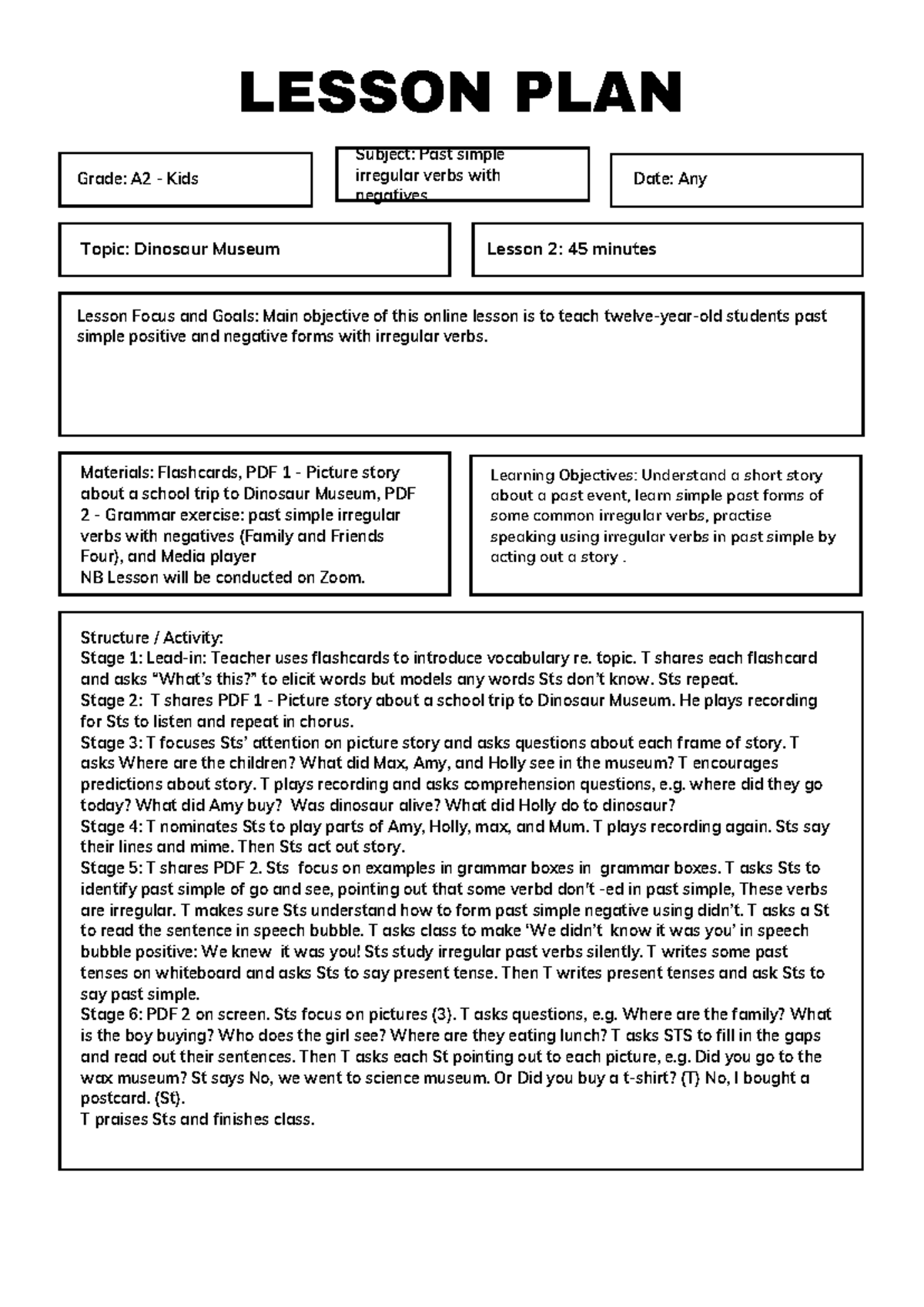 Lesson Plan A2: Teaching Past Simple Irregular Verbs (Dinosaur Museum ...