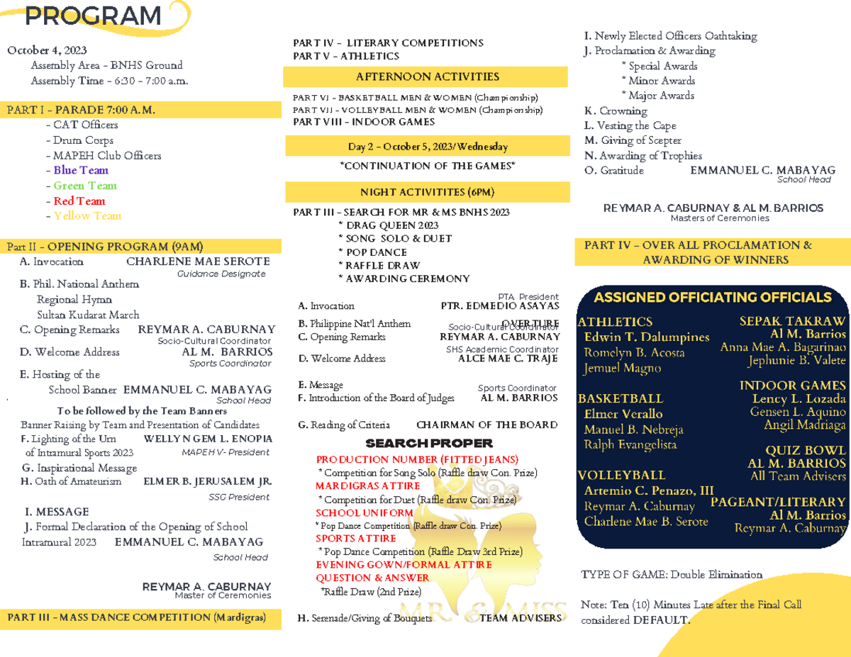 BNHS Intramurals 2023-2024: Competitions and Evening Activities ...
