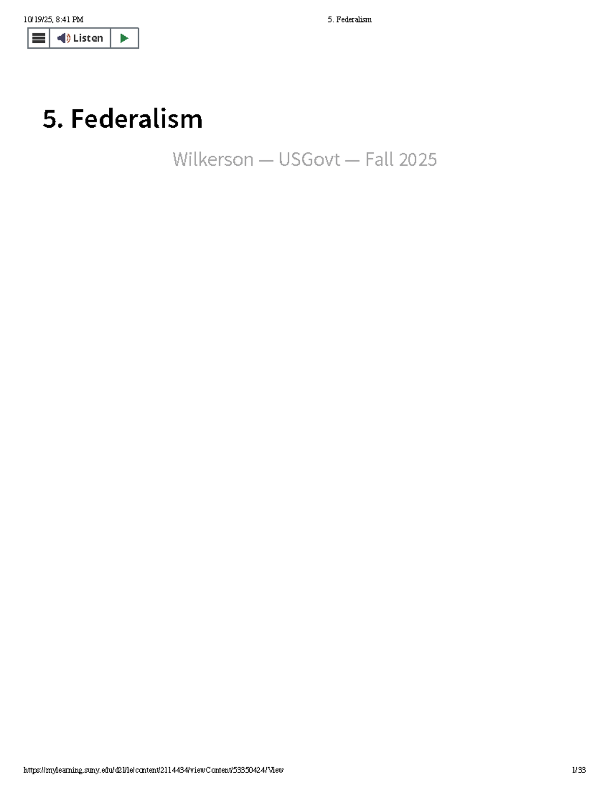 Federalism Overview - POLS-1210-03 U.S. Govt Lecture Notes - Studocu