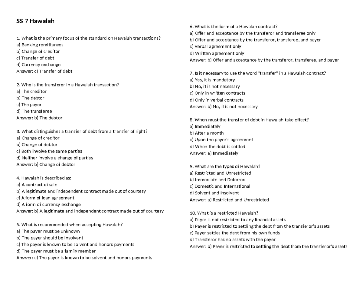 Islamic Shariah Standard SS 7: Understanding Hawalah Transactions - Studocu