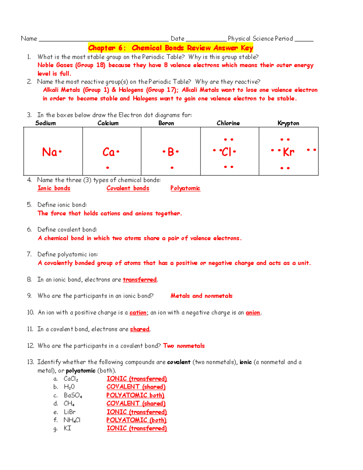 Ch. 6: Chemical Bonds Study Guide - Answer Key - Studocu