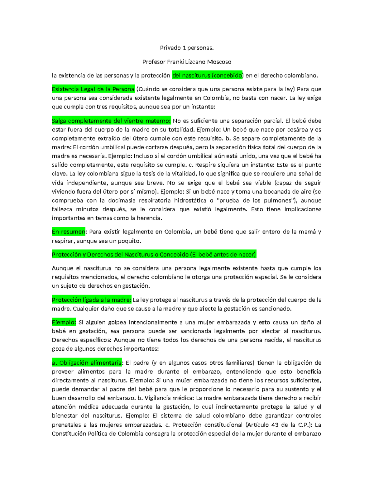 Privado 1 Personas: Existencia Legal y Protección del Nasciturus en ...